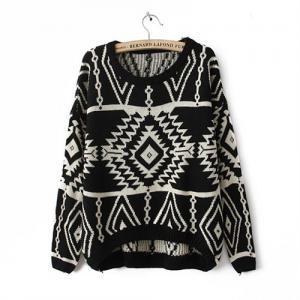Irregular Hem Geometric Print Thick Knit Sweater Slouch Crewneck ...