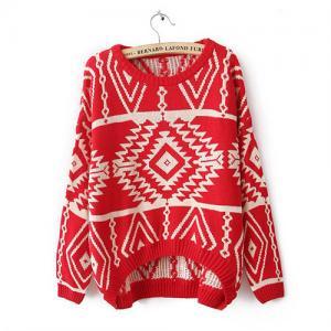 Irregular Hem Geometric Print Thick Knit Sweater Slouch Crewneck ...