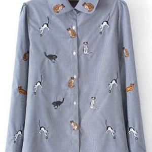 Preppy Long Sleeve Embroidery Cats Button Down Shirt Blouse ...