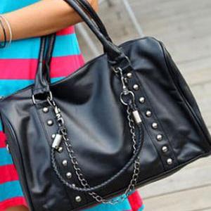 Unisex Black Chain Rivets Purse Handbag Duffle Shoulder Bag ...