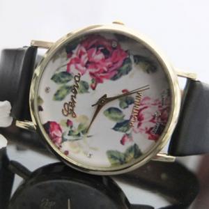 Women Blooming Rose Print Rhinestone Quartz Watch Wristwatch ...