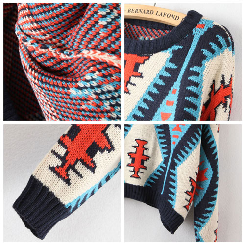 Irregular Hem Geometric Pattern Mixed Colors Loose Sweater Crewneck ...