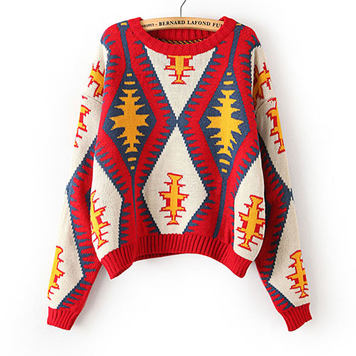 Irregular Hem Geometric Pattern Mixed Colors Loose Sweater Crewneck ...