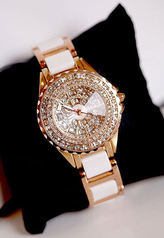 Fashion Luxury Rhinestone White Band Golden Wrist Watch Bracelet ...