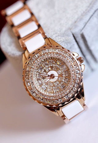 Fashion Luxury Rhinestone White Band Golden Wrist Watch Bracelet ...