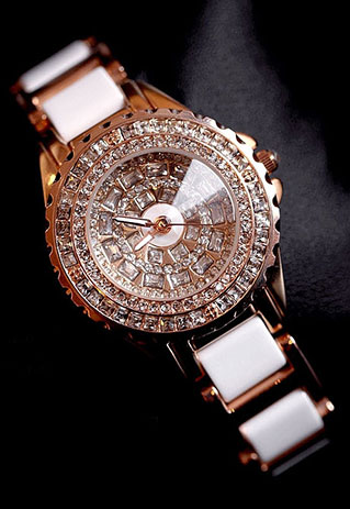 Fashion Luxury Rhinestone White Band Golden Wrist Watch Bracelet ...