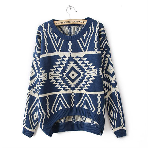 Irregular Hem Geometric Print Thick Knit Sweater Slouch Crewneck ...