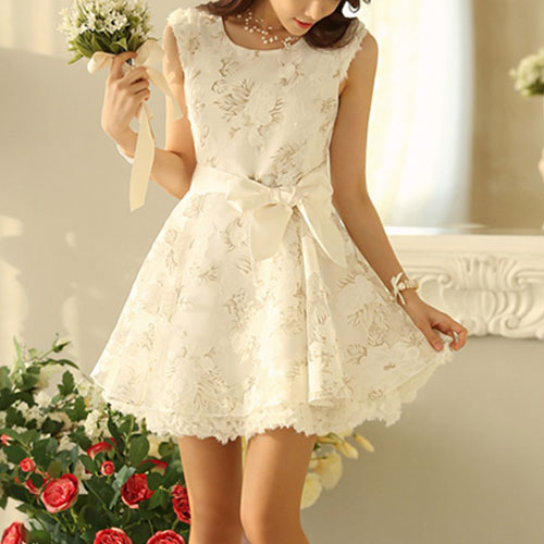 Flowers High Waist Bowknot Belted Bodycon White Tank Dress ...