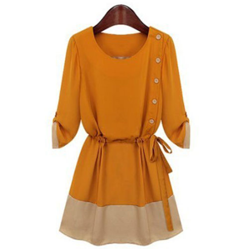 Elegant Lady Contrast Color Half Sleeve Belted Chiffon Dress ...