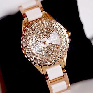 Fashion Luxury Rhinestone White Band Golden Wrist Watch Bracelet ...
