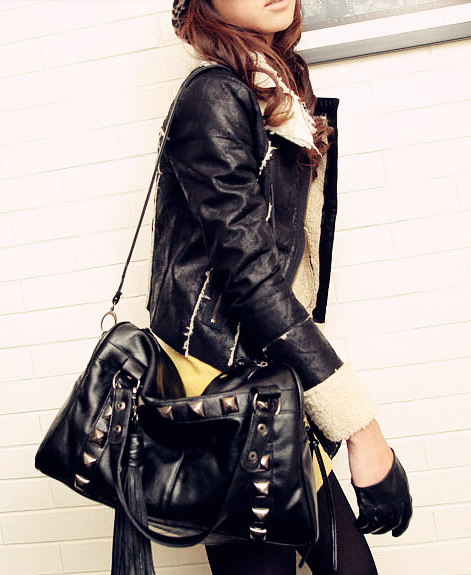 Fringed Rivet Optional Strap Black Handbag [grzxy6200002] on Luulla