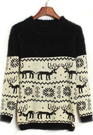 [grzxy6600335]retro Sweet Mixing Color Deer Print Knit Sweater on Luulla