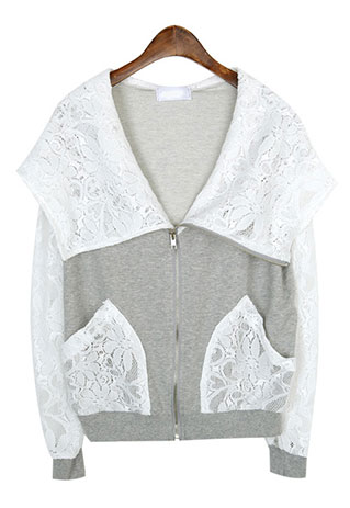 [grzxy6600373]leisure Sweet Lace Spliced Hood Outerwear on Luulla