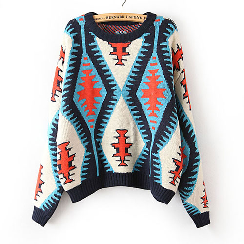 Irregular Hem Geometric Pattern Mixed Colors Loose Sweater Crewneck ...