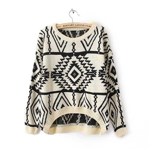 Irregular Hem Geometric Print Thick Knit Sweater Slouch Crewneck ...