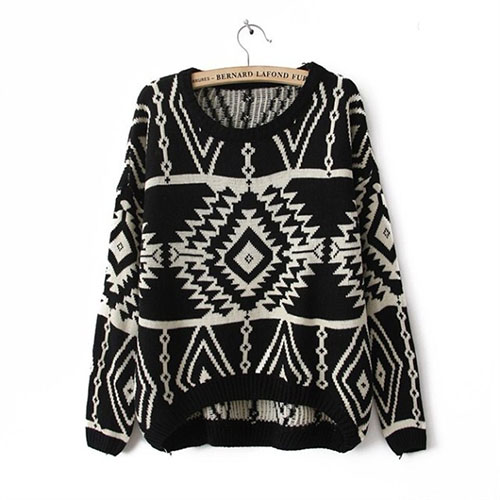 Irregular Hem Geometric Print Thick Knit Sweater Slouch Crewneck ...