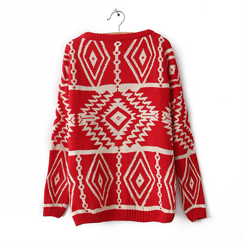 Irregular Hem Geometric Print Thick Knit Sweater Slouch Crewneck ...