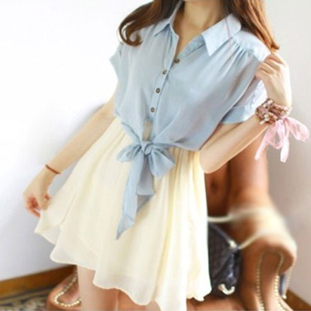 Blue Short Sleeve Shirt Chiffon Ruffled Skirt Tulle Dress [grzxy6601113 ...