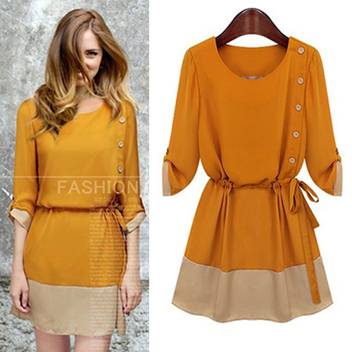 Elegant Lady Contrast Color Half Sleeve Belted Chiffon Dress ...