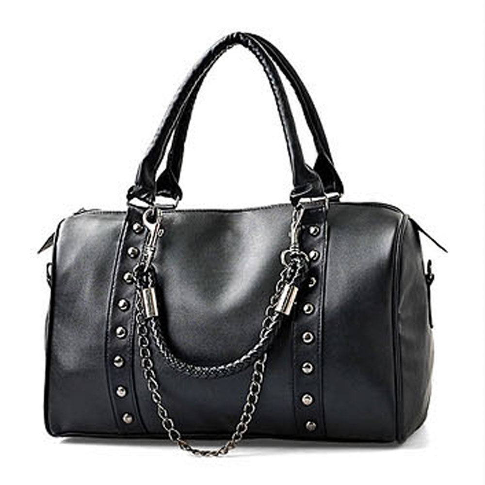 Unisex Black Chain Rivets Purse Handbag Duffle Shoulder Bag ...