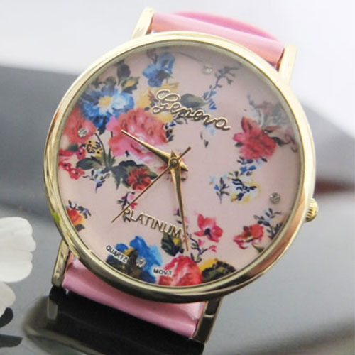 Women Blooming Rose Print Rhinestone Quartz Watch Wristwatch ...