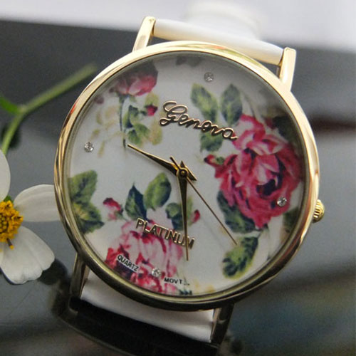 Women Blooming Rose Print Rhinestone Quartz Watch Wristwatch ...